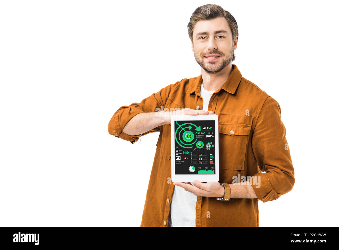 man showing digital tablet with infographic on screen isolated on white ...