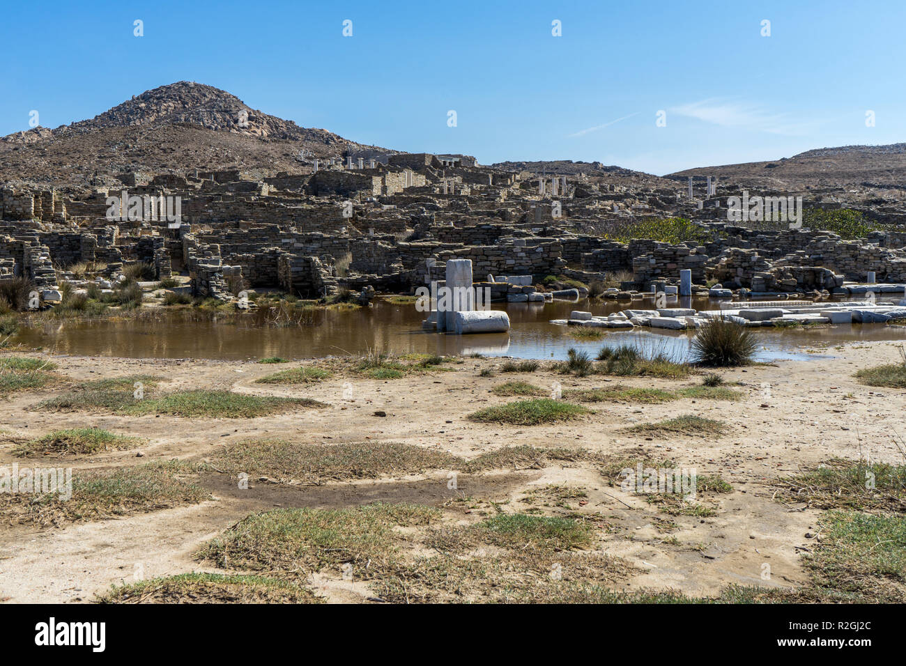 The ancient monuments and ruins on the sacred island of Delos, Greece ...