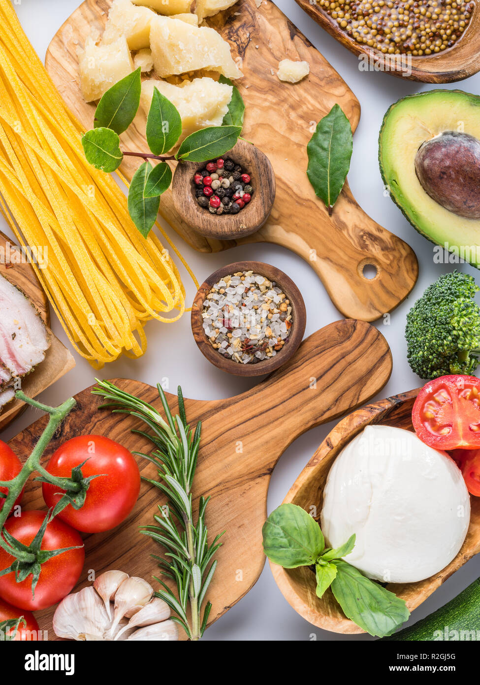 Variety of popular Italian food on white background. Top view Stock ...