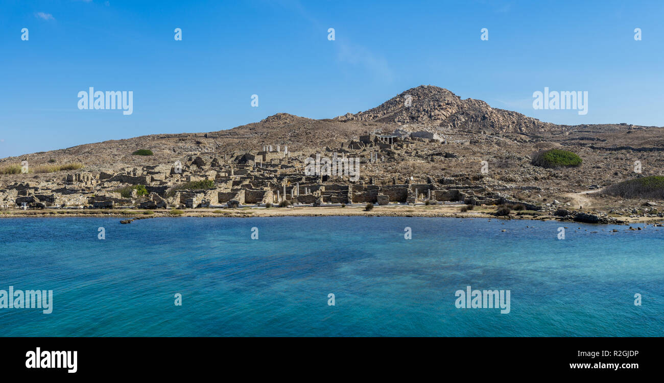 The ancient monuments and ruins on the sacred island of Delos, Greece ...