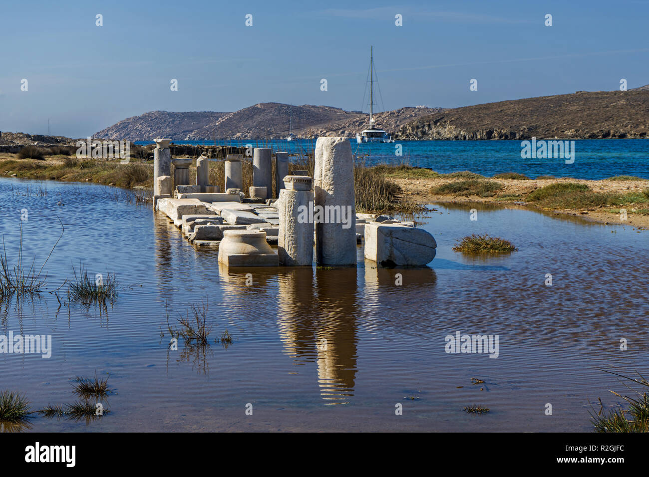 The ancient monuments and ruins on the sacred island of Delos, Greece ...