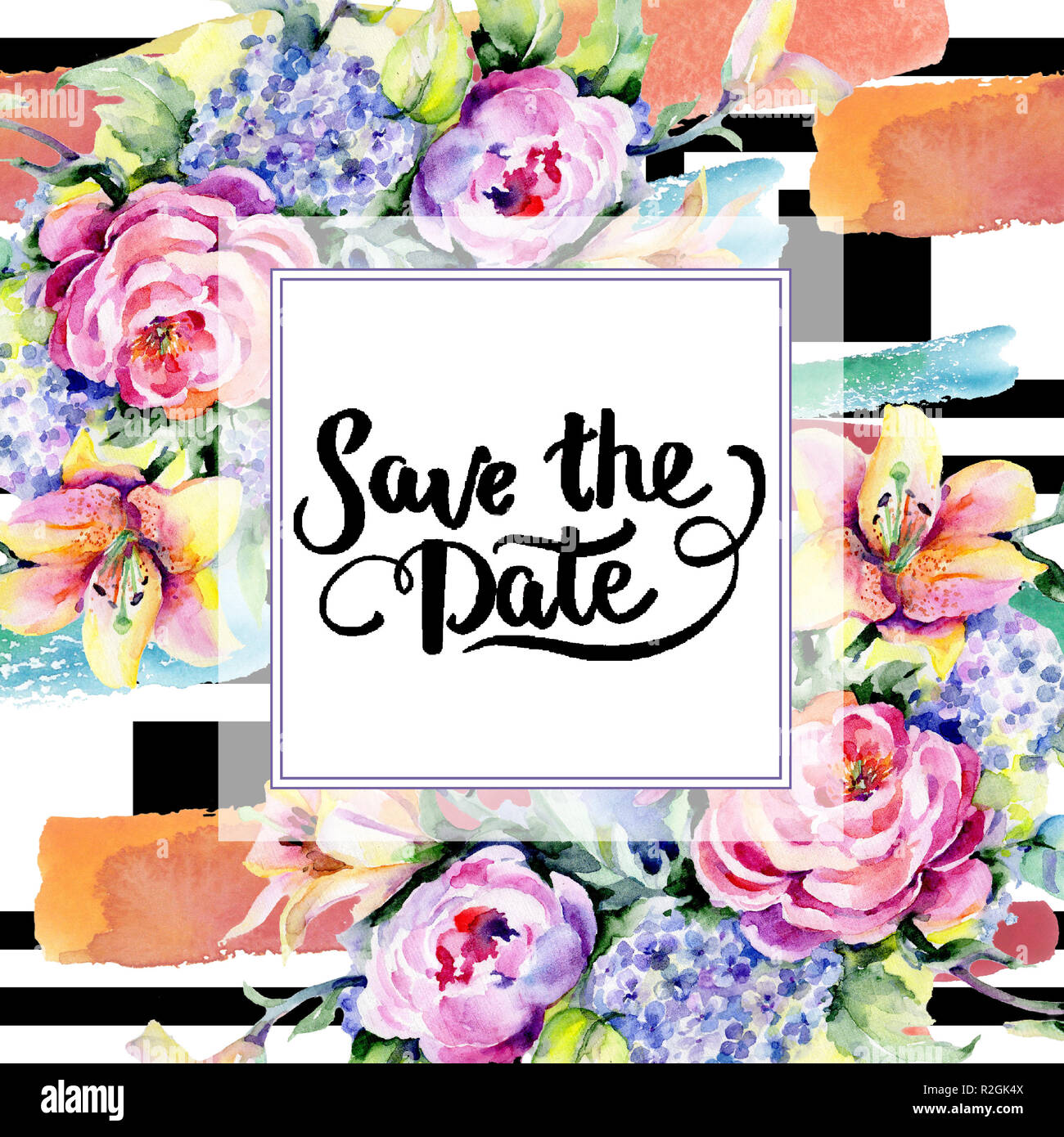 Peonies and lily bouquet. Save the date handwriting monogram ...