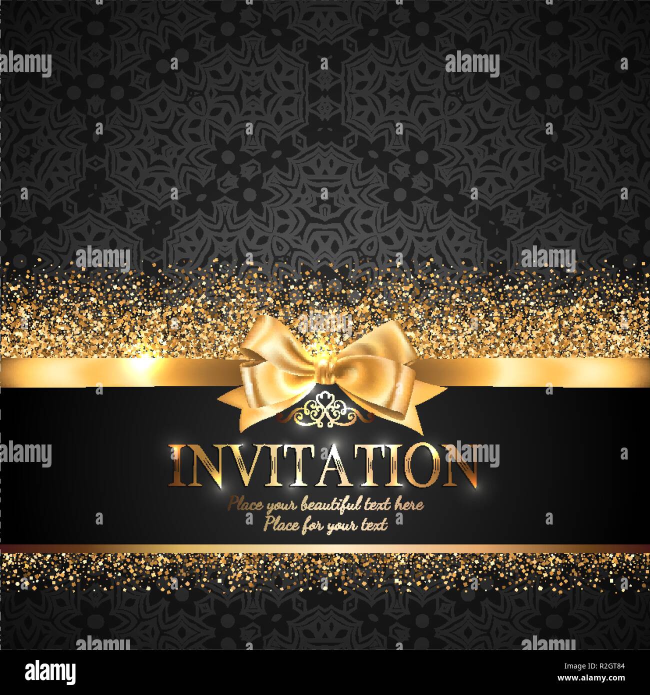 Gorgeous and shiny invitation card or banner with gold ribbon bow and ...