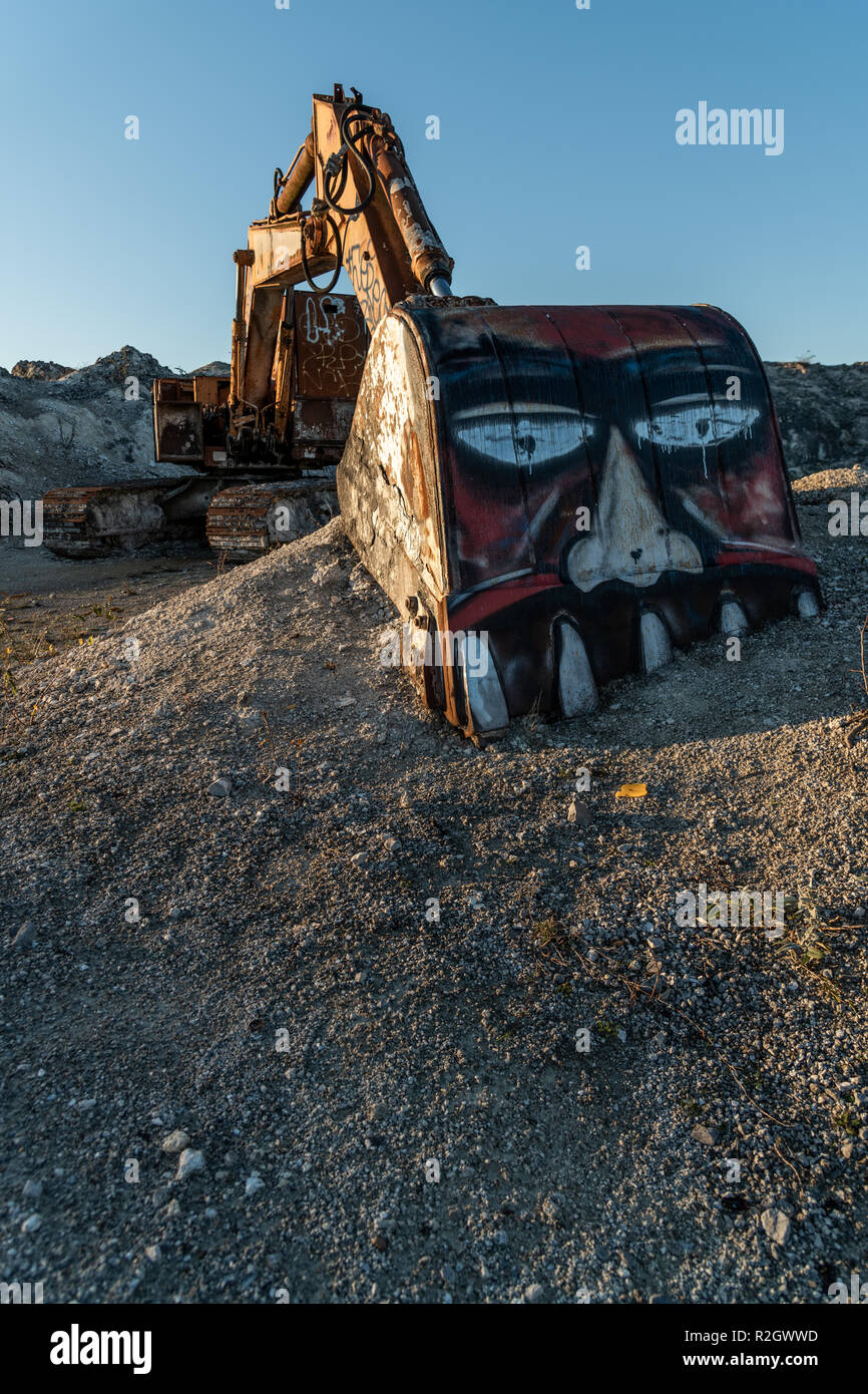 Abandoned lime quarry, buildings and machinery in Bridgend, South Wales ...