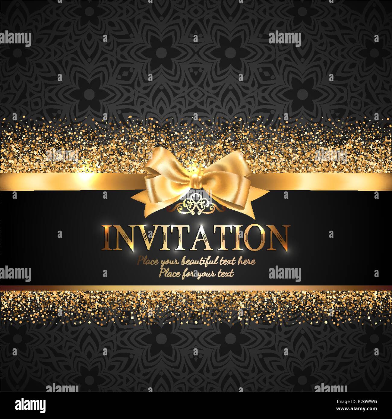 Gorgeous and shiny invitation card or banner with gold ribbon bow and ...