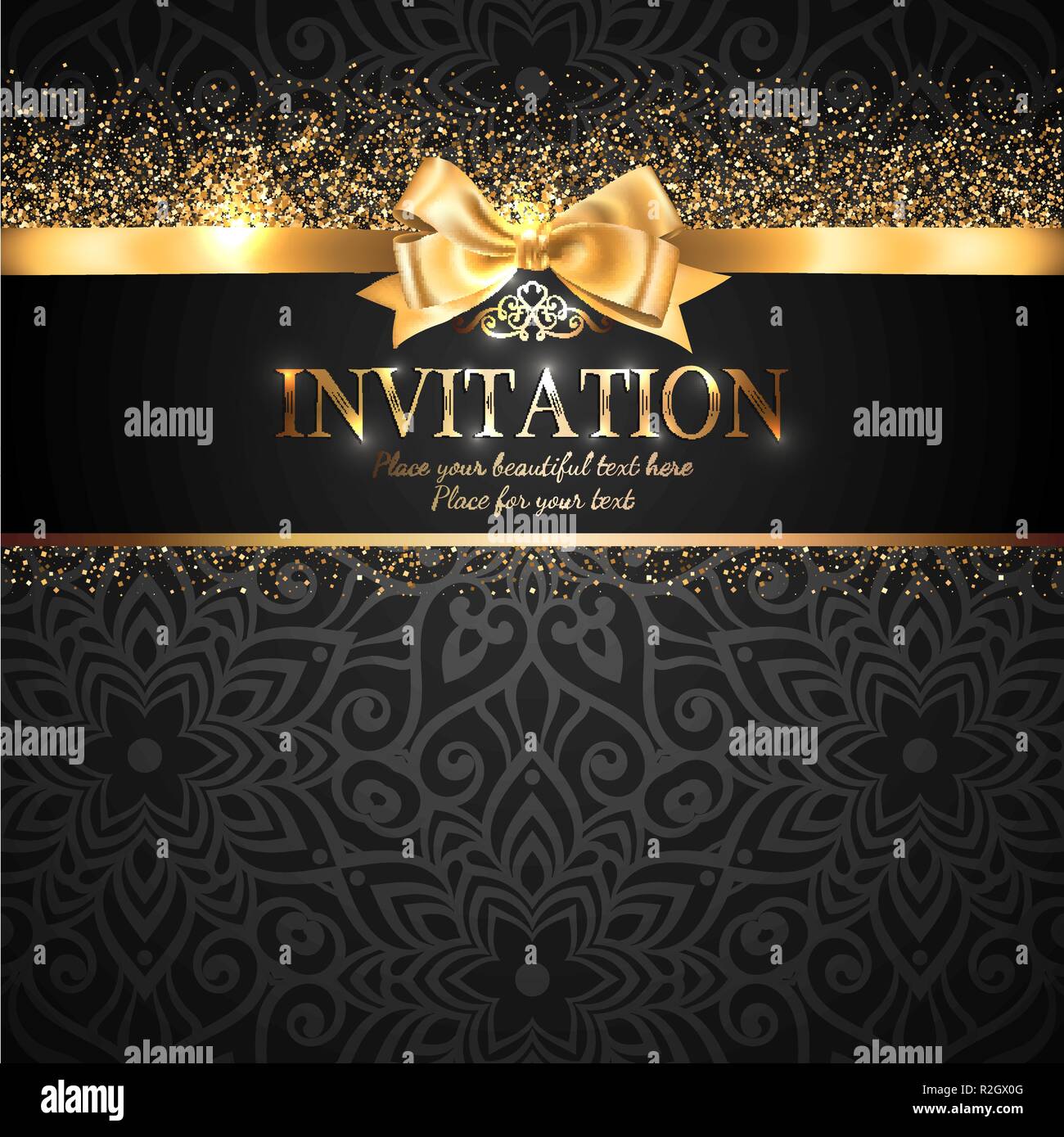 Gorgeous and shiny invitation card or banner with gold ribbon bow and ...