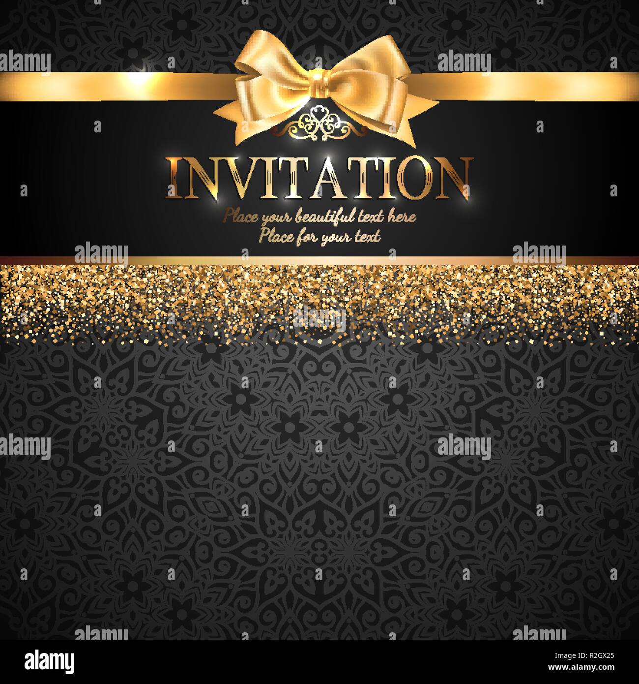 Gorgeous and shiny invitation card or banner with gold ribbon bow and ...