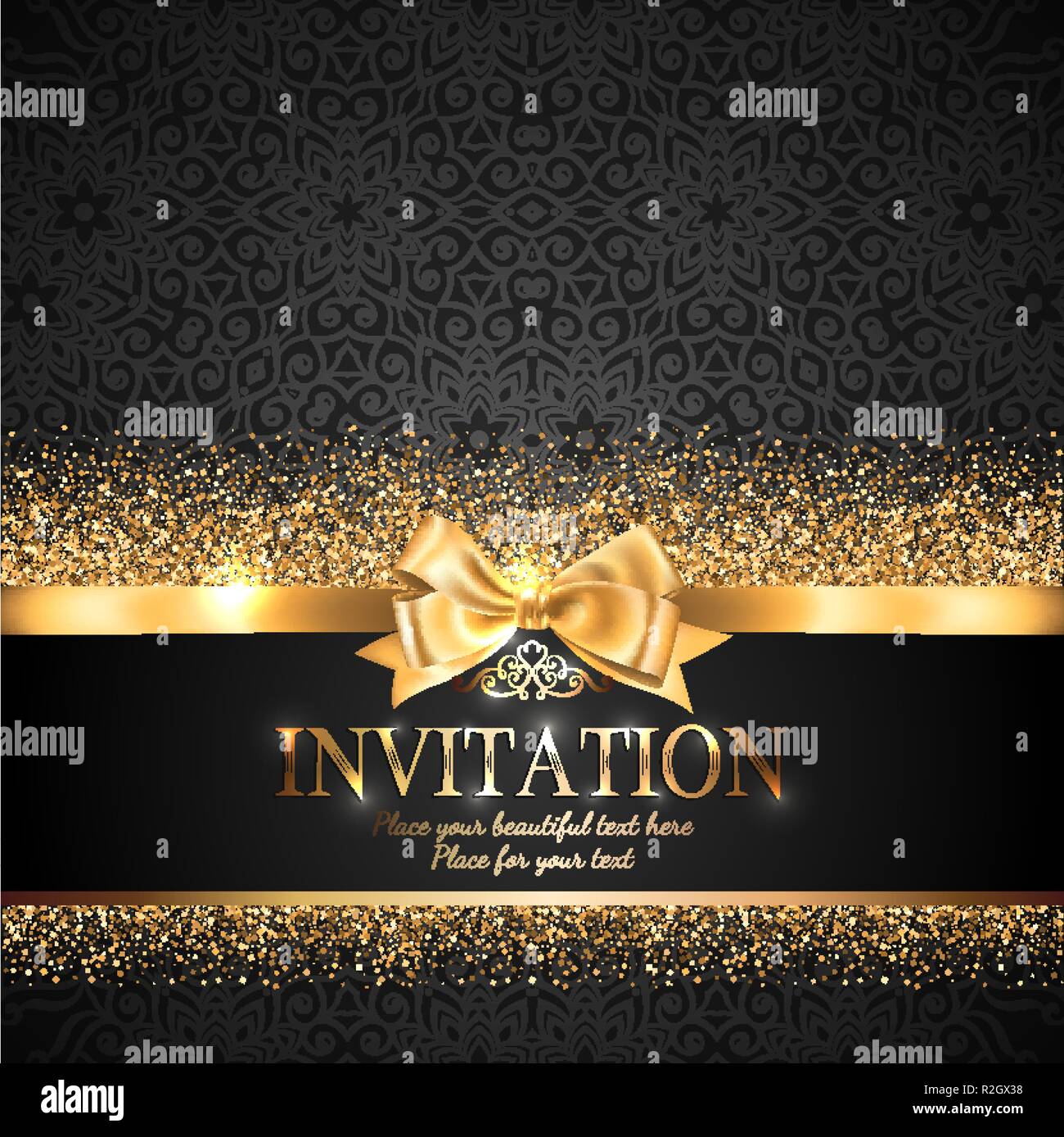 Gorgeous and shiny invitation card or banner with gold ribbon bow and ...