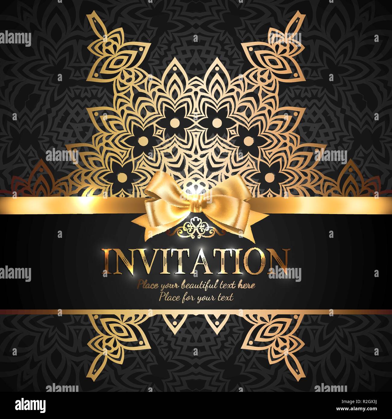 Gorgeous and shiny invitation card or banner with gold ribbon bow and ...