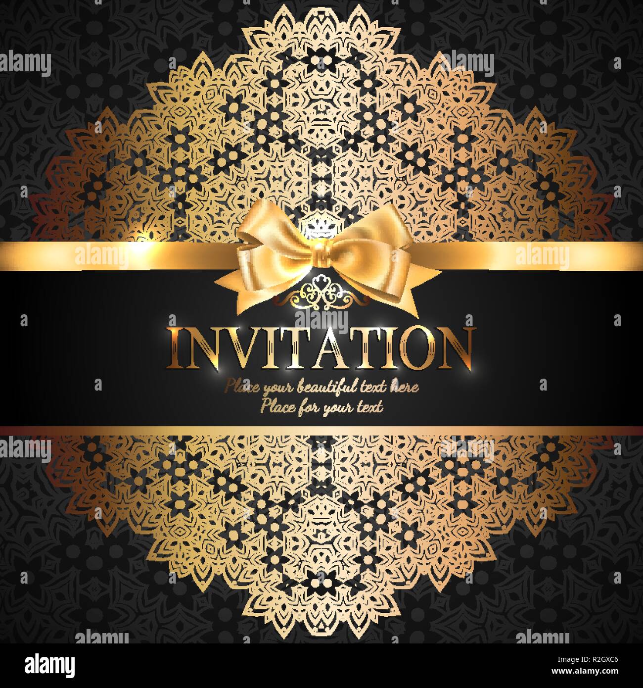 Gorgeous and shiny invitation card or banner with gold ribbon bow and ...