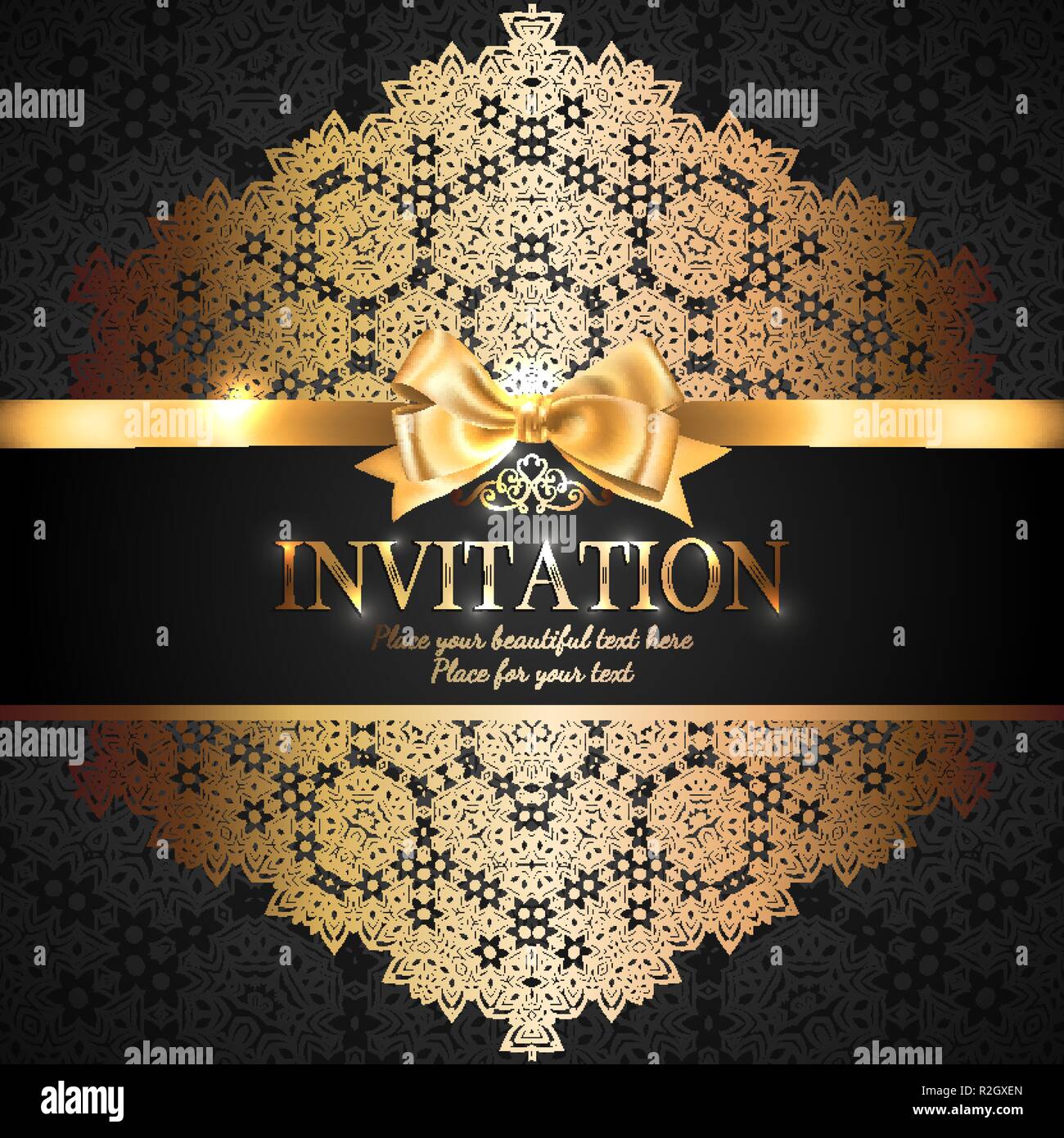 Gorgeous and shiny invitation card or banner with gold ribbon bow and ...