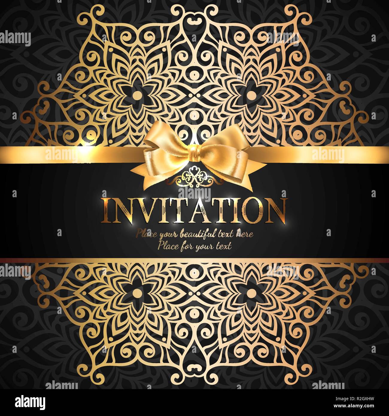 Gorgeous and shiny invitation card or banner with gold ribbon bow and ...