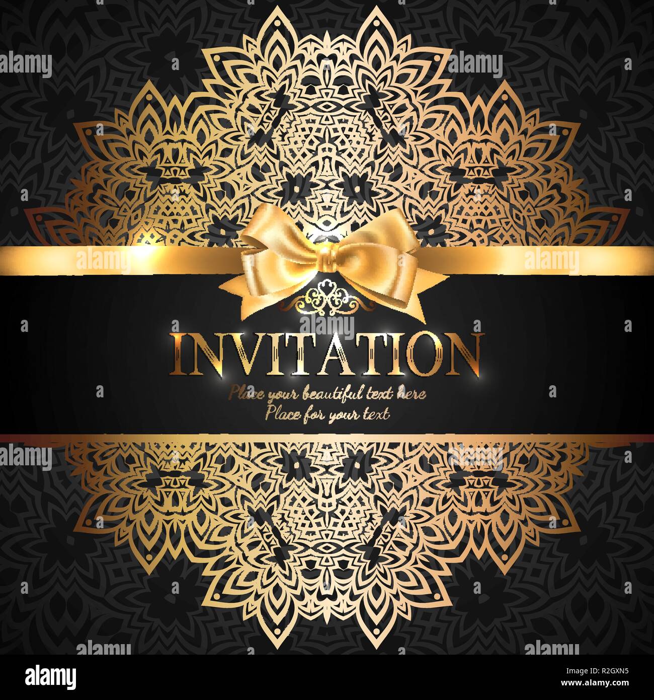 Gorgeous and shiny invitation card or banner with gold ribbon bow and ...