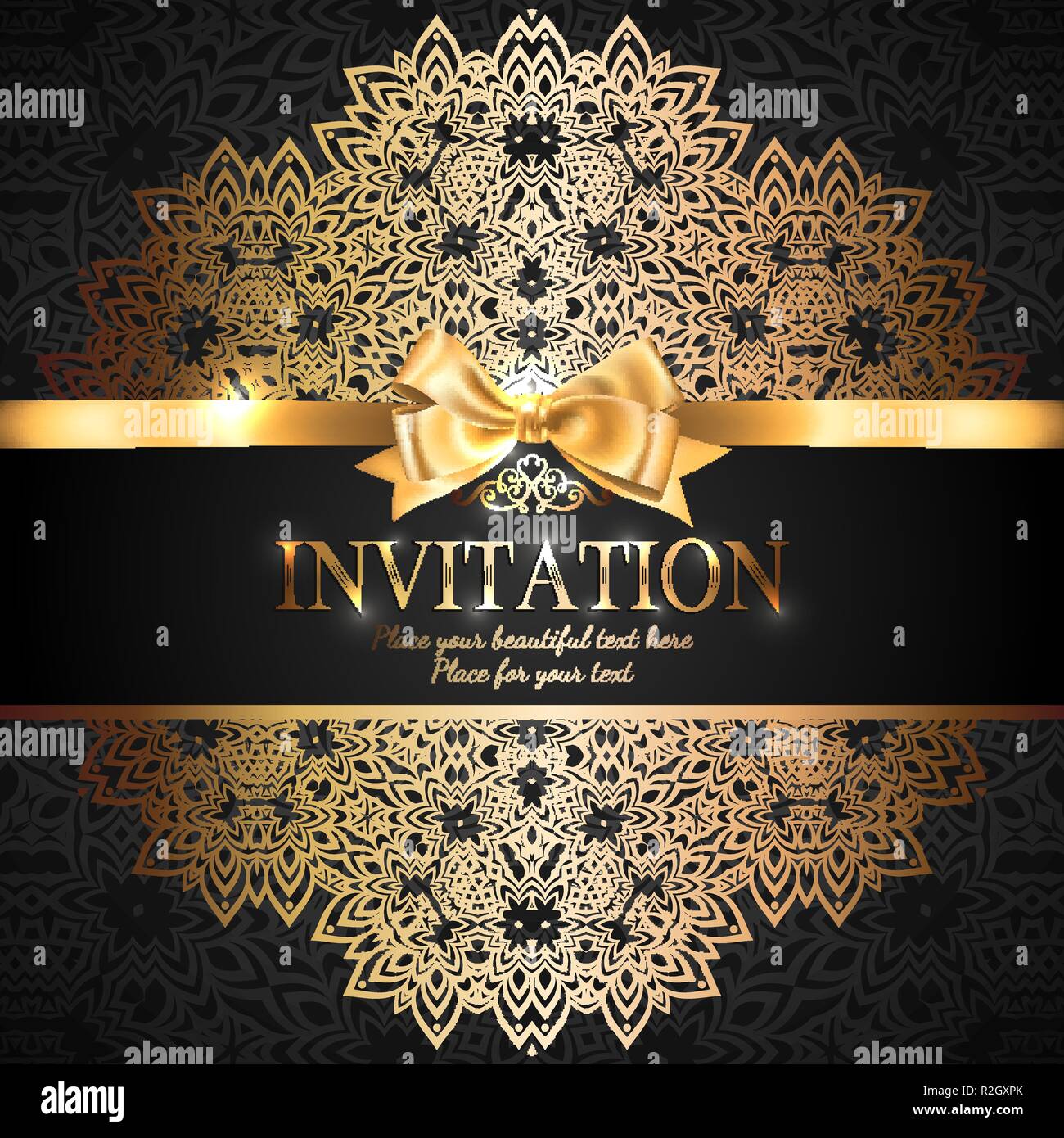Gorgeous and shiny invitation card or banner with gold ribbon bow and ...