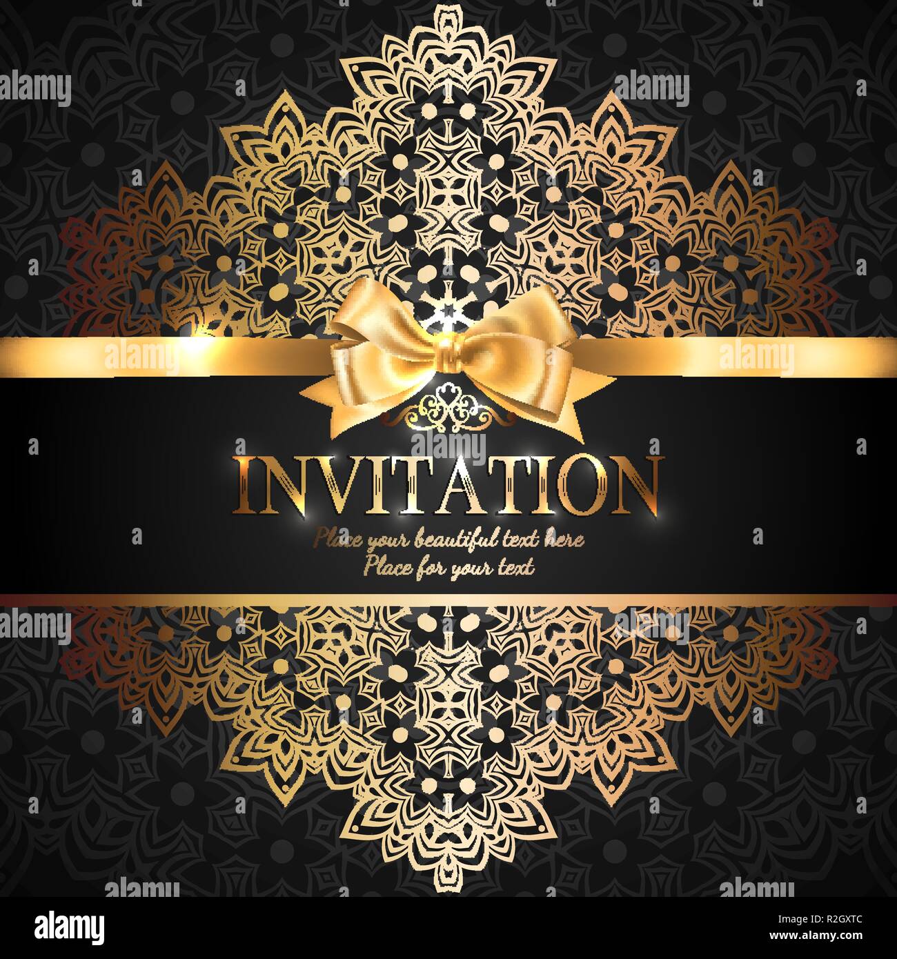 Gorgeous and shiny invitation card or banner with gold ribbon bow and ...