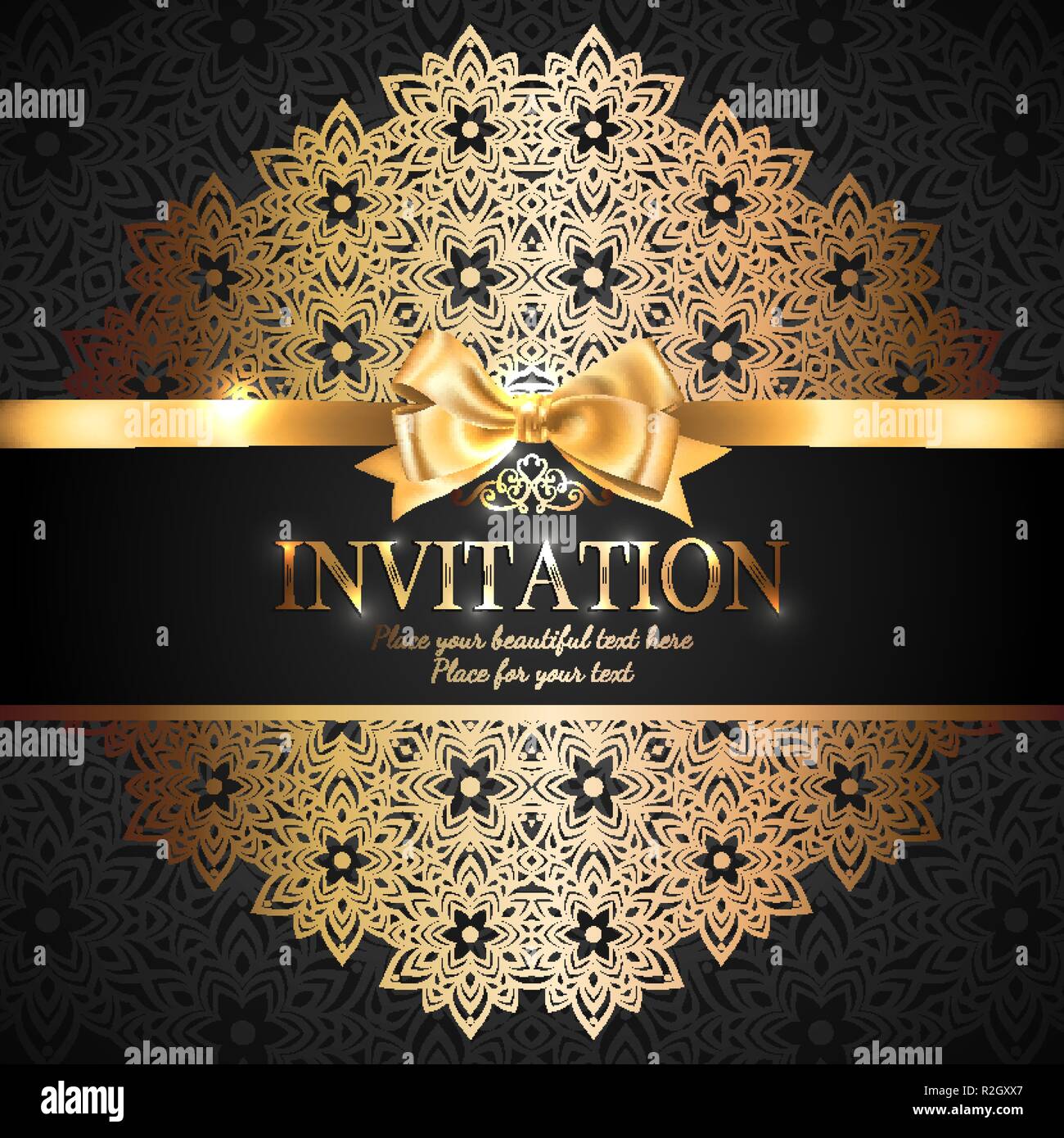 Gorgeous and shiny invitation card or banner with gold ribbon bow and place for text on black ...