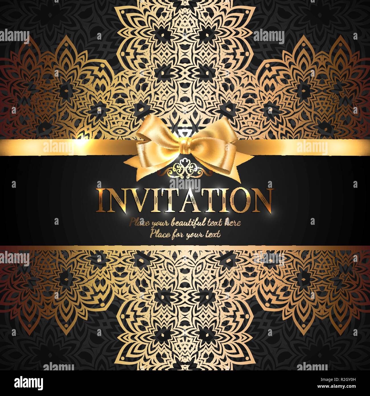 Gorgeous and shiny invitation card or banner with gold ribbon bow and ...