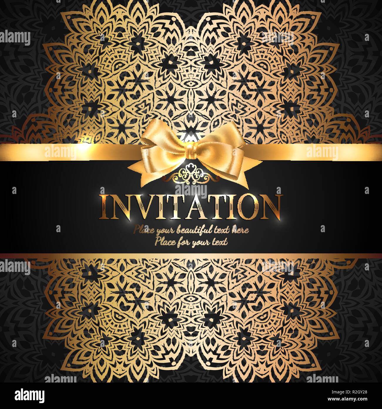 Gorgeous and shiny invitation card or banner with gold ribbon bow and ...