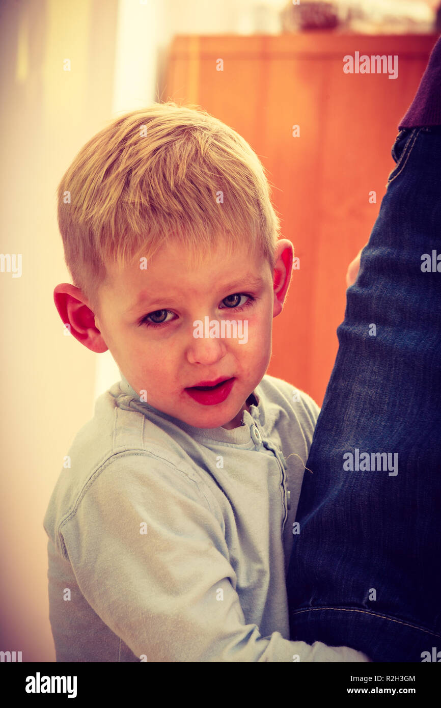 Face expressions, children concept. Portrait of happy kid boy making ...