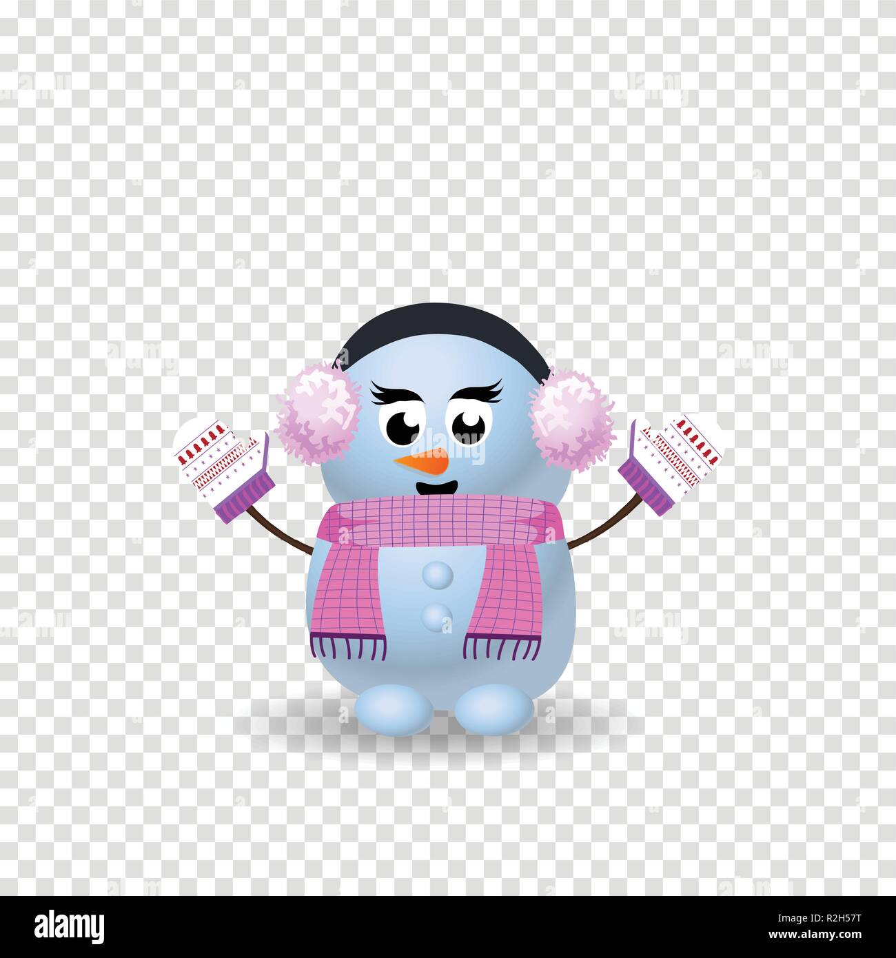 Cute cartoon snowgirl character in pink ear muffs, scarf, mittens with ...