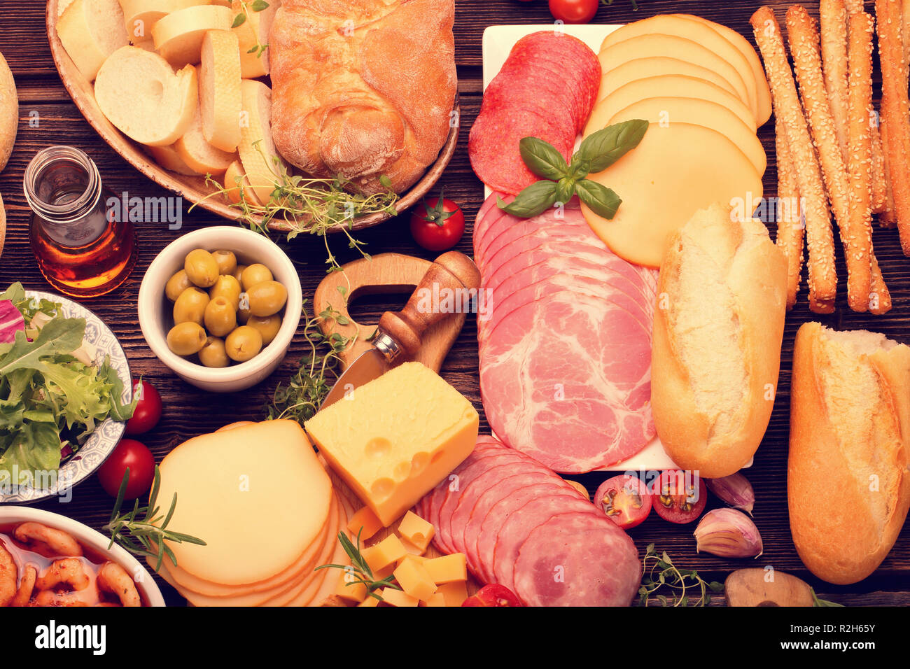 Swedish table with variety of good food, close up vintage view Stock ...