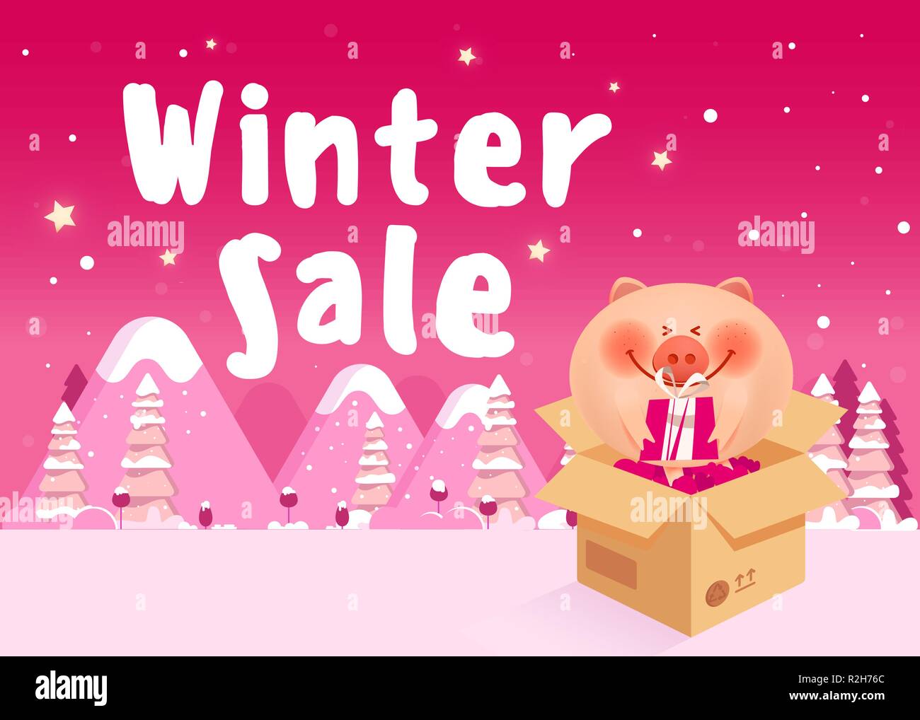 Smiling pig jumping out of a gift box with hearts and holding a gift in ...