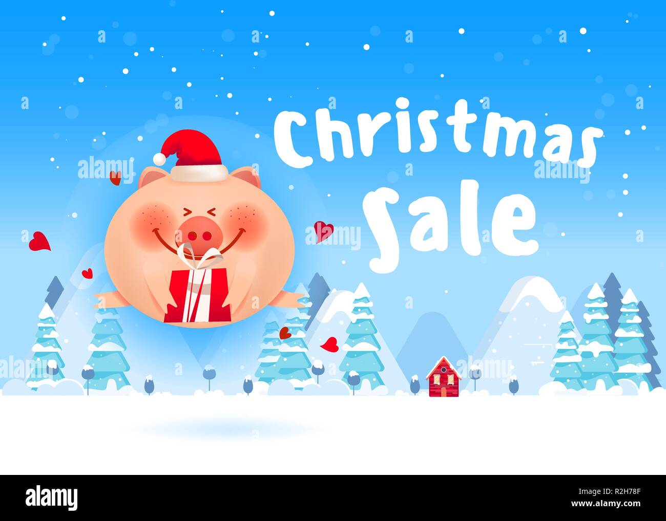 Smiling pig jumping out of a gift box with hearts and holding a gift in ...