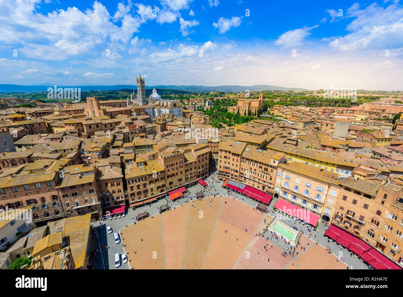 Piazza del Campo, Siena - Aerial view of the historic town with ...