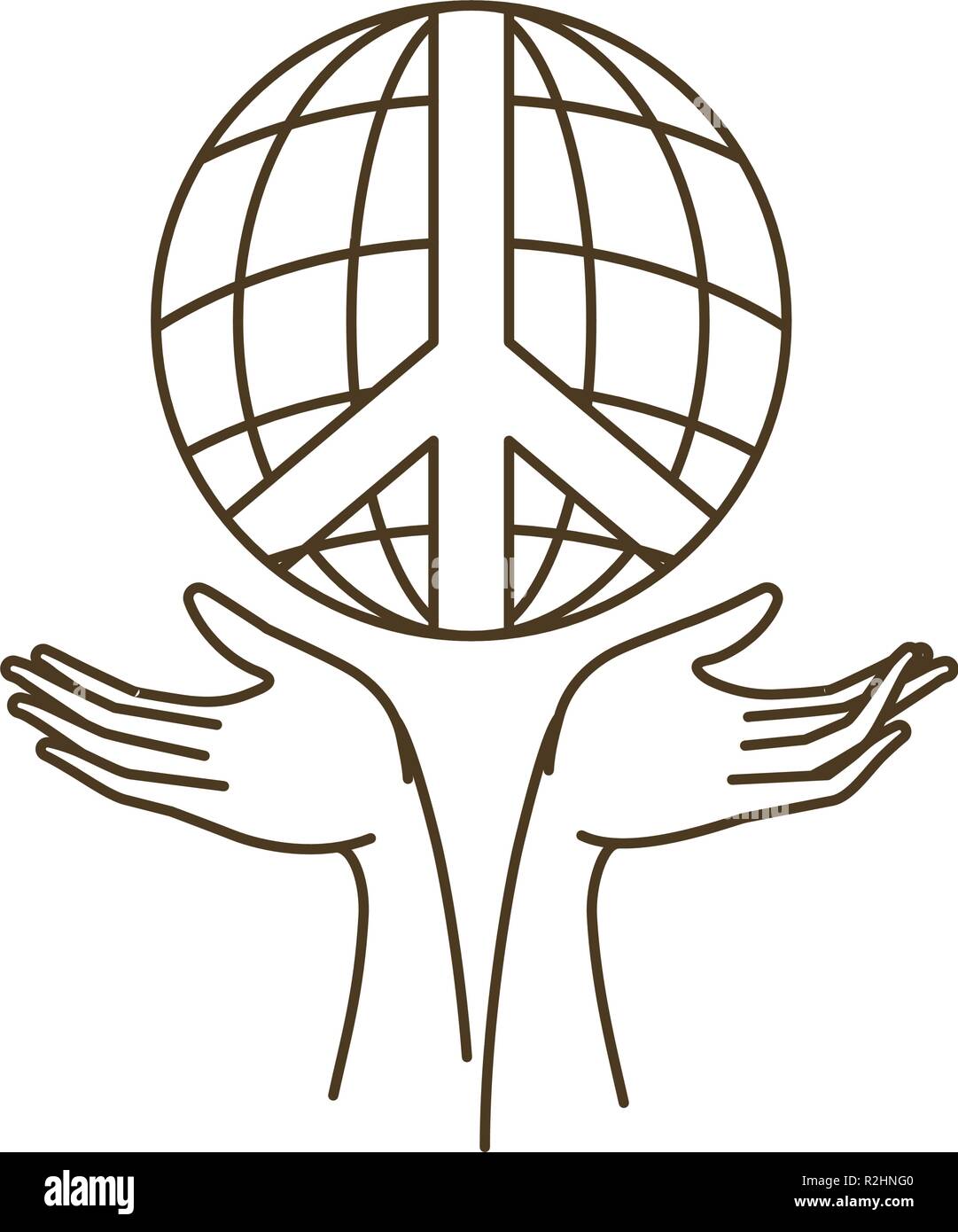 earth globe with peace and love symbol and hands receiving isolated ...
