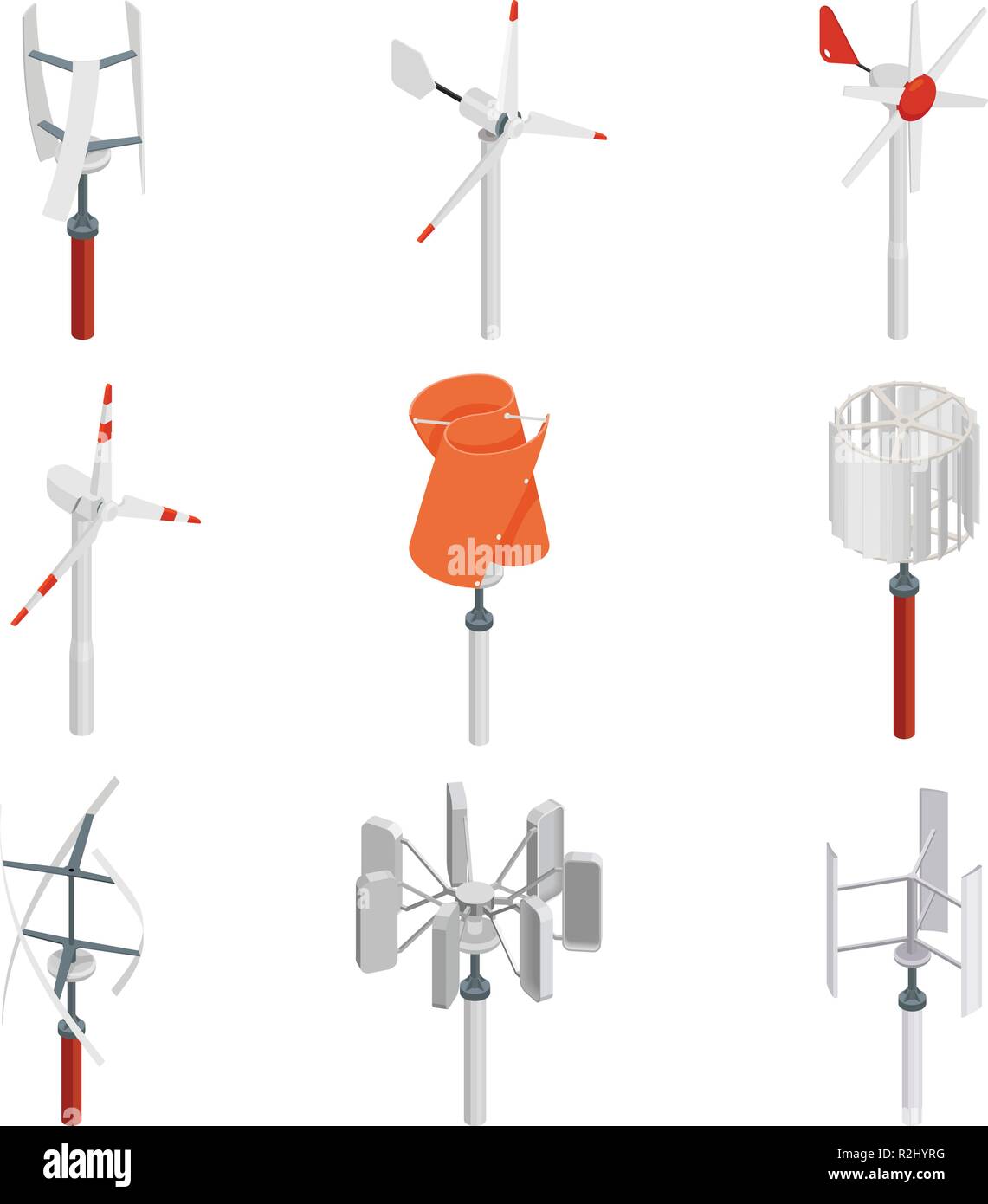 collection of wind turbine generators. Isometric clean energy set. Wind ...