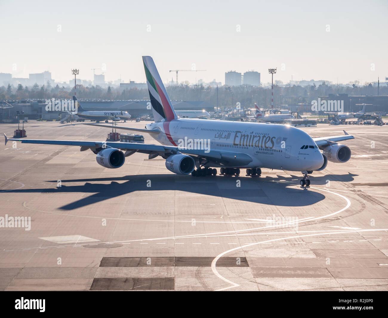 Airbus A380-600 from Emirates ready for take-off on the airfield at ...