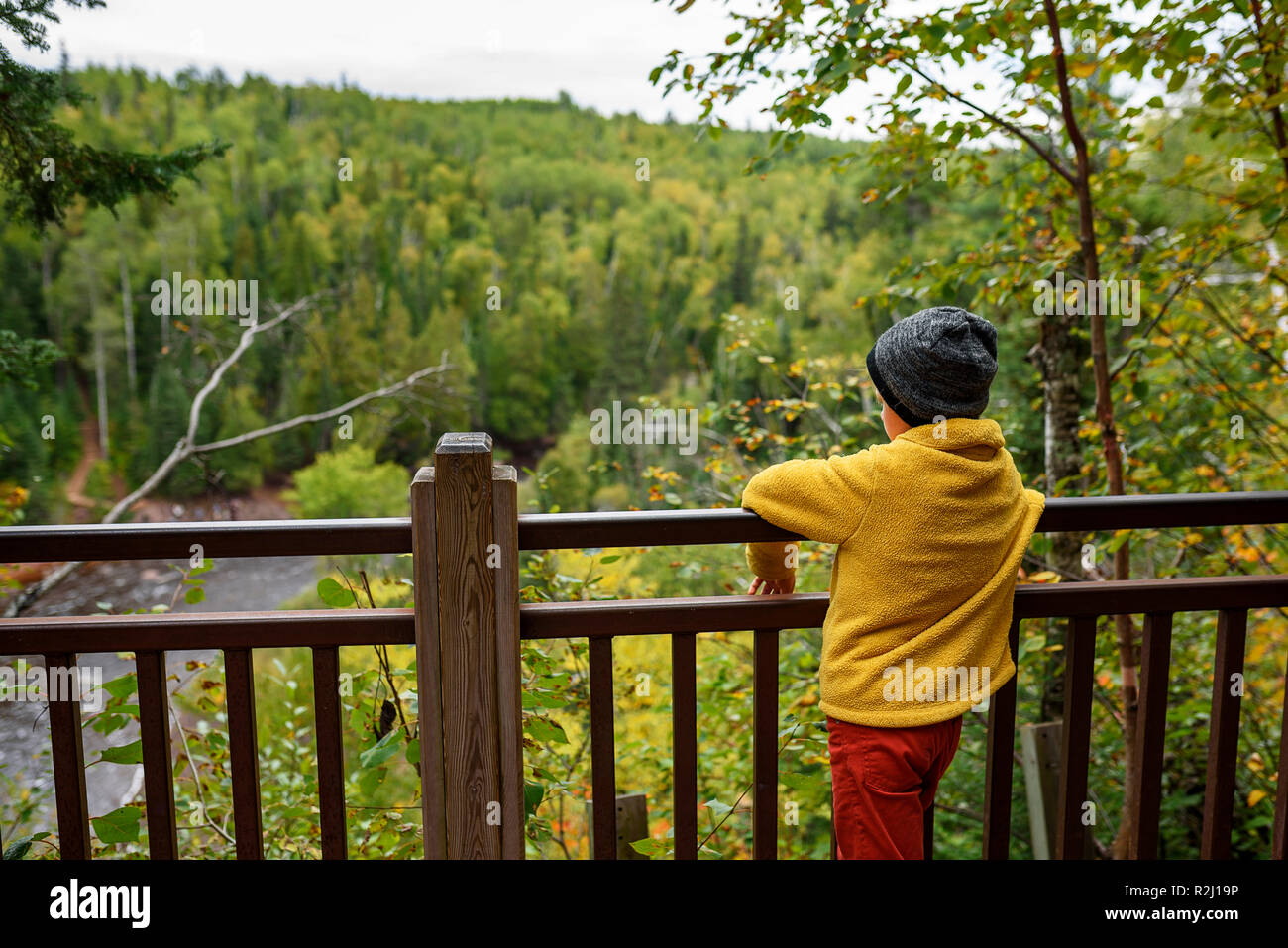 Boy standing on a bridge looking at a river, Lake Superior Provincial ...