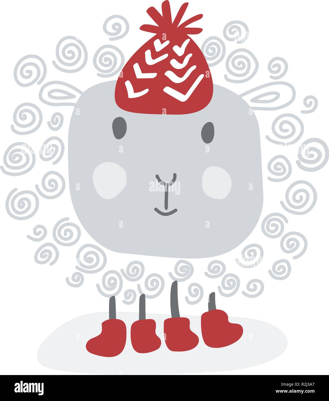 Handdraw Funny vector doodle white sheep in red winter hat, sketch for ...