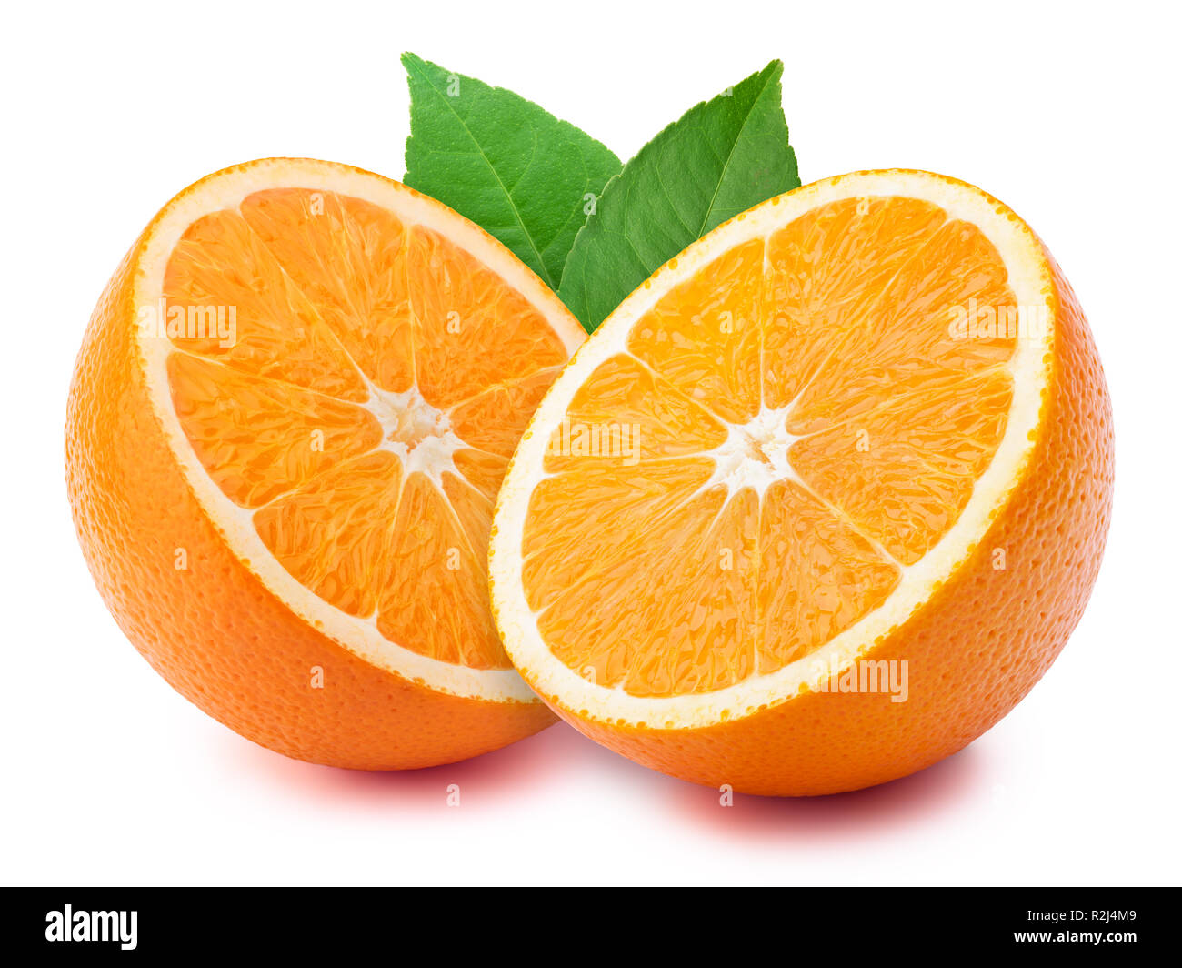 Halfs of orange with leaves isolated Stock Photo - Alamy