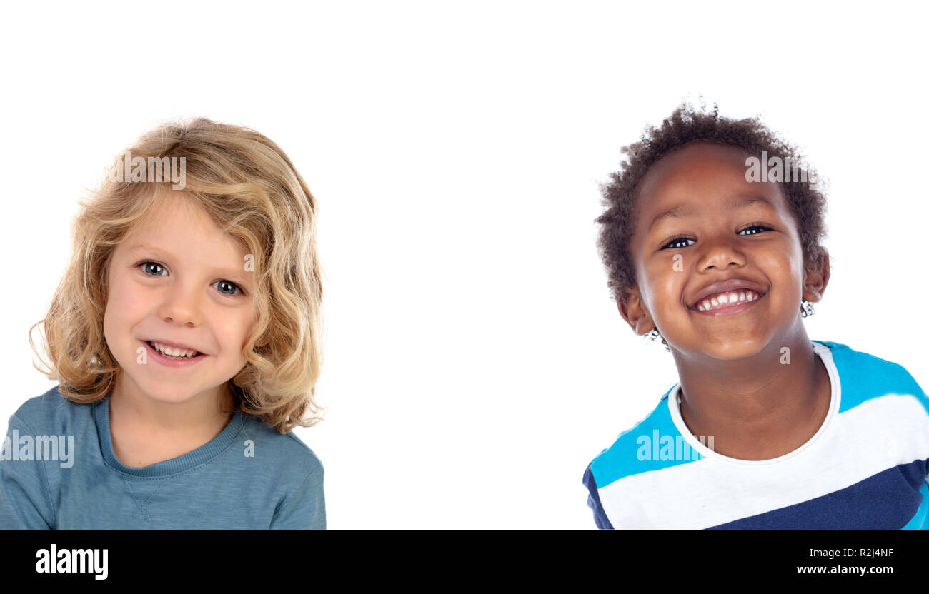 Two happy children looking at camera isolated on a white backround ...