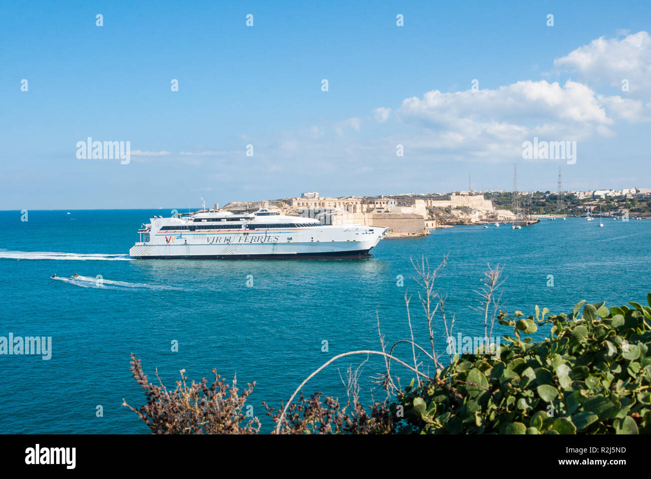 Catamaran ferry Jean de la Valette enters Grand Harbour, Malta, after a ...