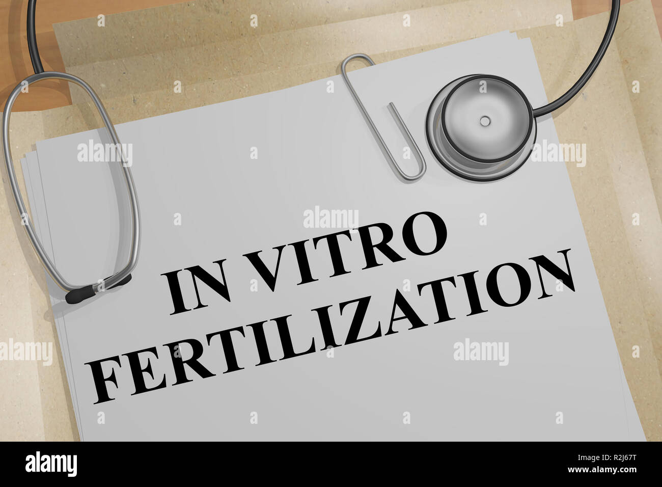 3D illustration of IN VITRO FERTILIZATION title on a medical document ...