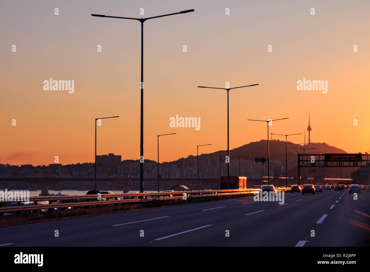 beautiful sunset on Gangbyeon Expressway in Seoul, Korea Stock Photo ...