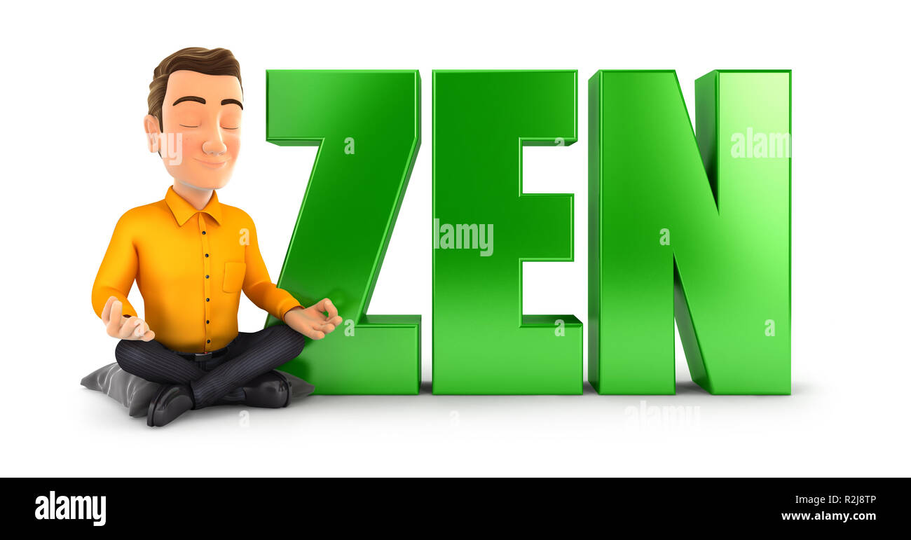 3d man doing meditation next to the word zen, illustration with ...
