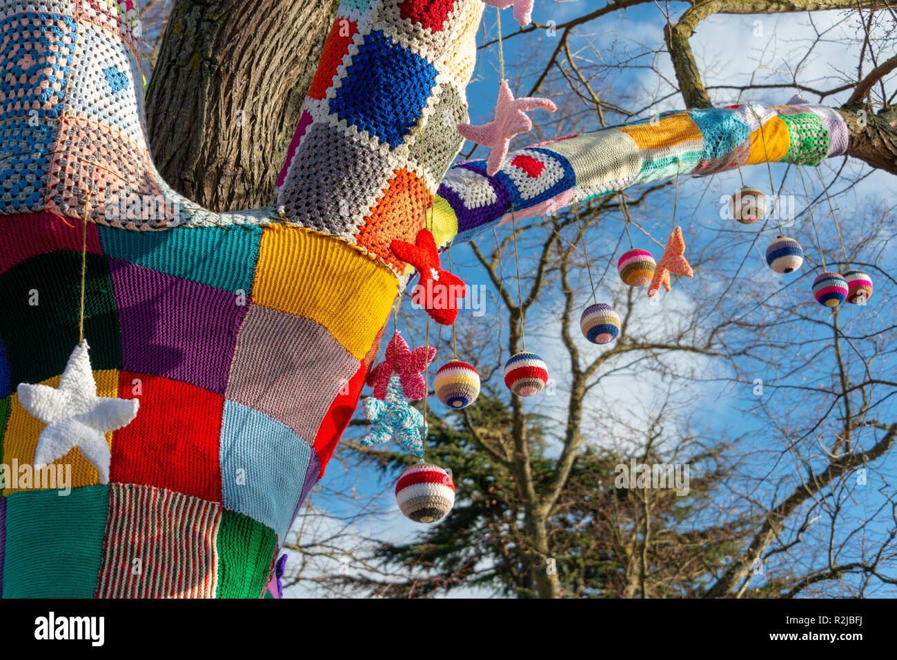branch of tree with Christmas knitted yarn bomb Stock Photo - Alamy