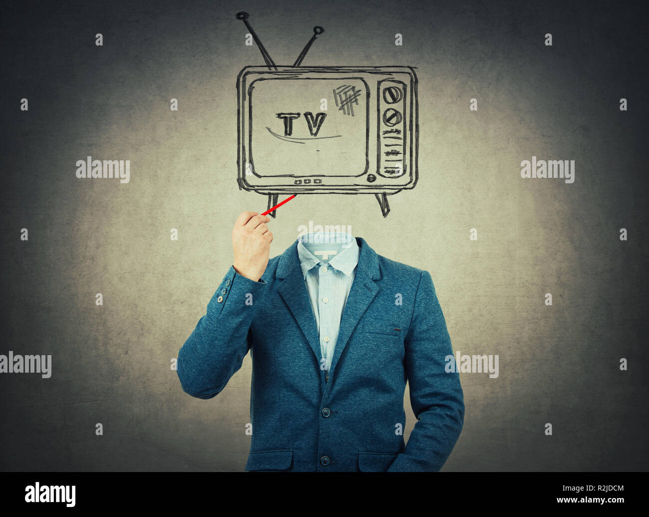 Surreal young addicted man with invisible face holding a pencil in his ...