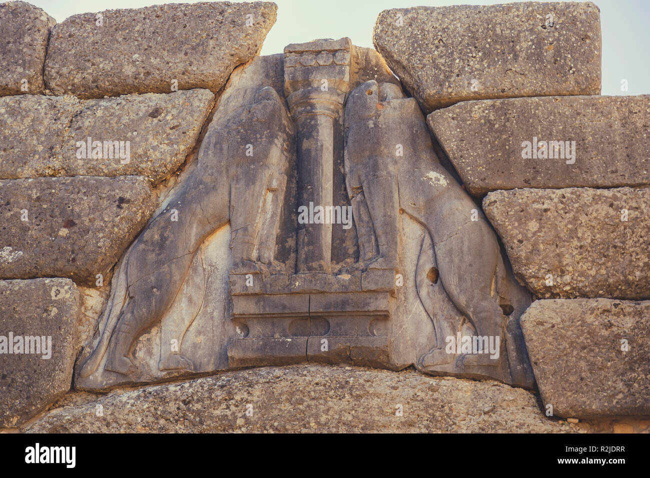 Lions on Lion Gate at ancient Mycenae. Mycenae is an archaeological ...