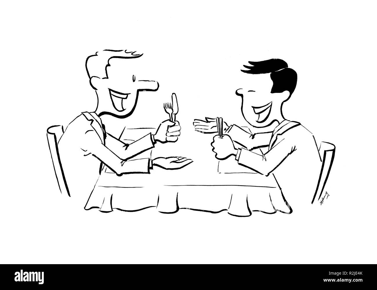 Two men eating table Black and White Stock Photos & Images - Alamy