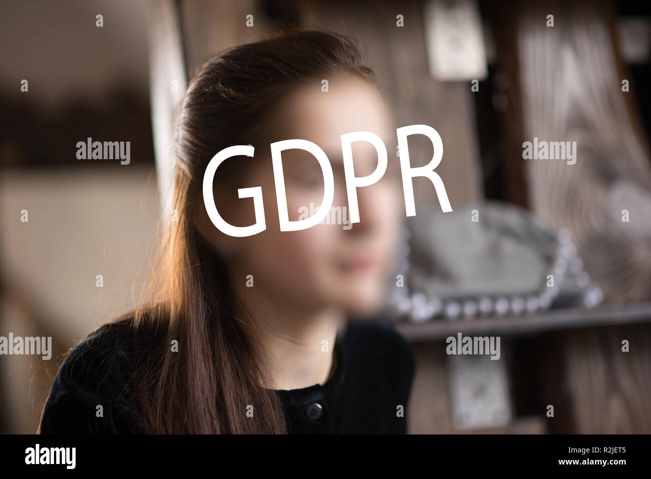 gdpr, portrait of young woman, face covered by inscription of general ...