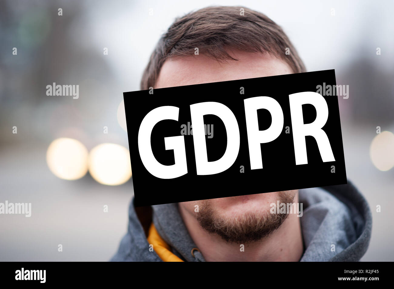gdpr, portrait of man on background of highway, faces coverd by general ...
