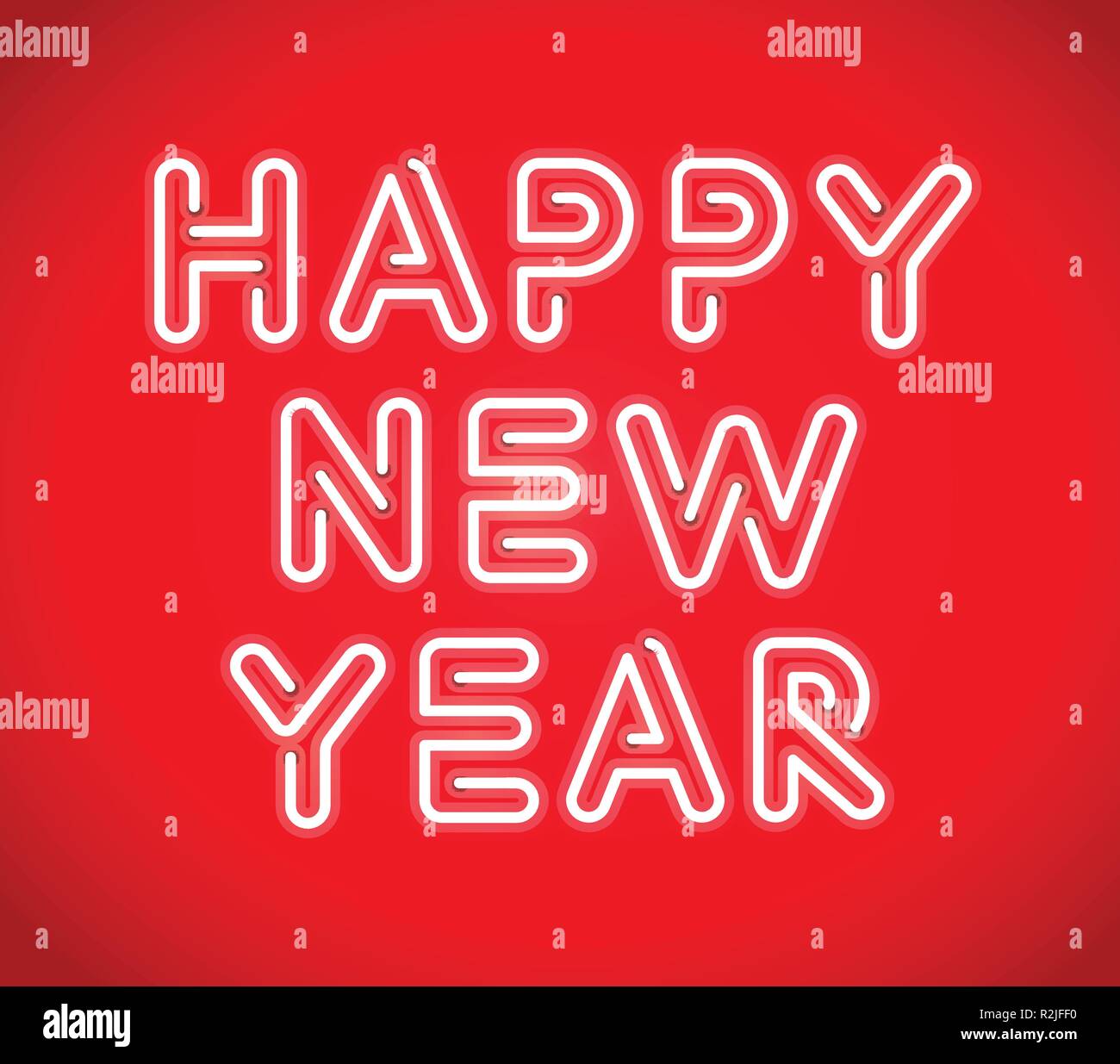 Greeting red card. New Year congrats banner. White neon text on red ...