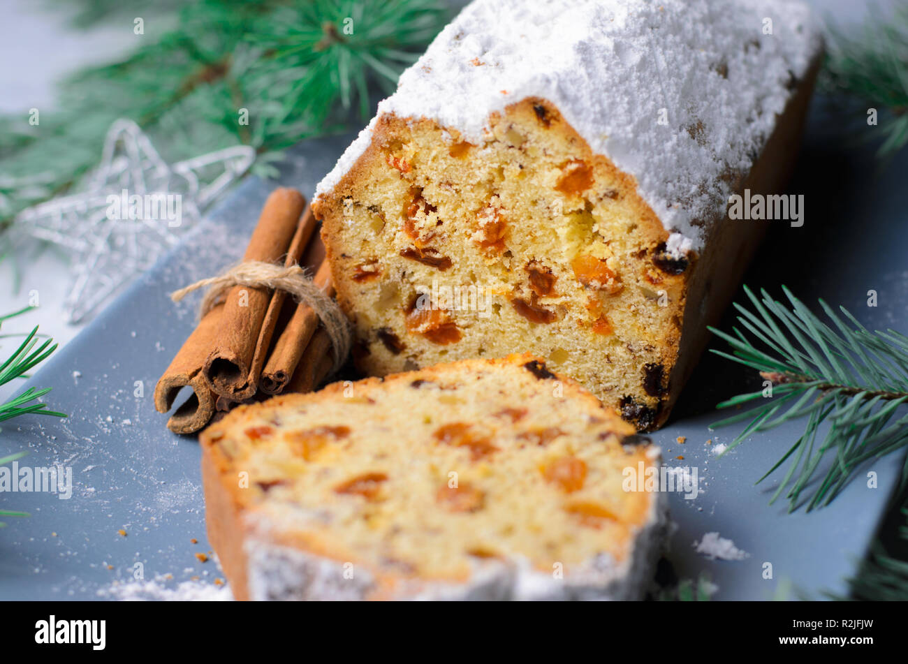 Fruit and Nut Loaf Cake Dusted with Icing Sugar, Christmas and Winter ...