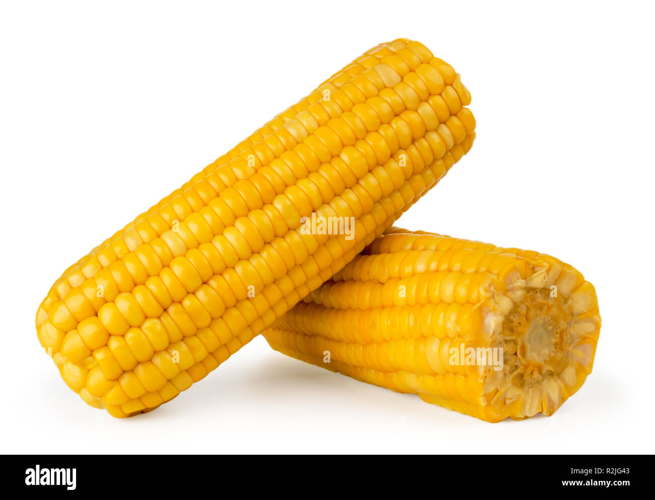 Two boiled corn on a white background, isolated Stock Photo - Alamy