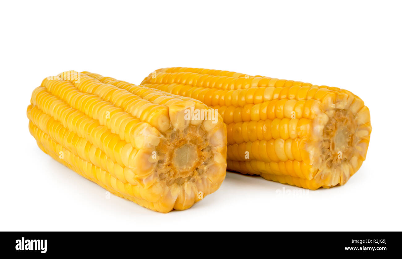 Two boiled corn closeup on a white. Isolated Stock Photo - Alamy