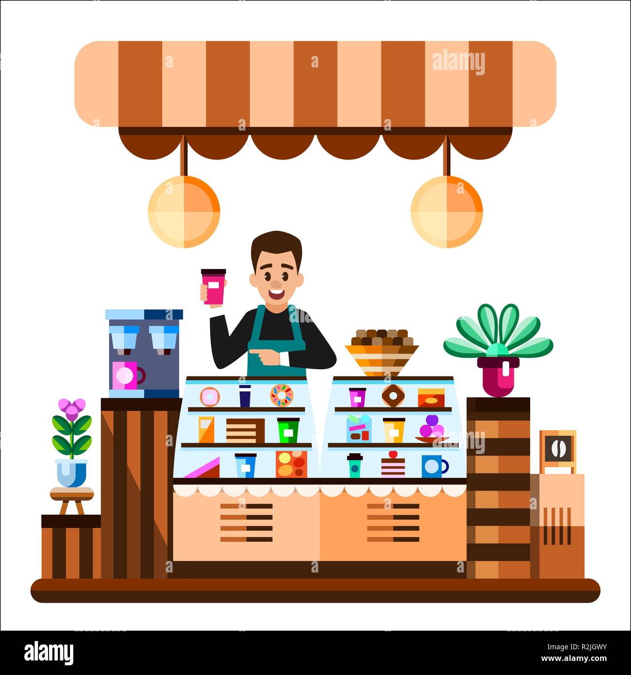 Coffee house shop interior with barista standing behind of bar counter ...